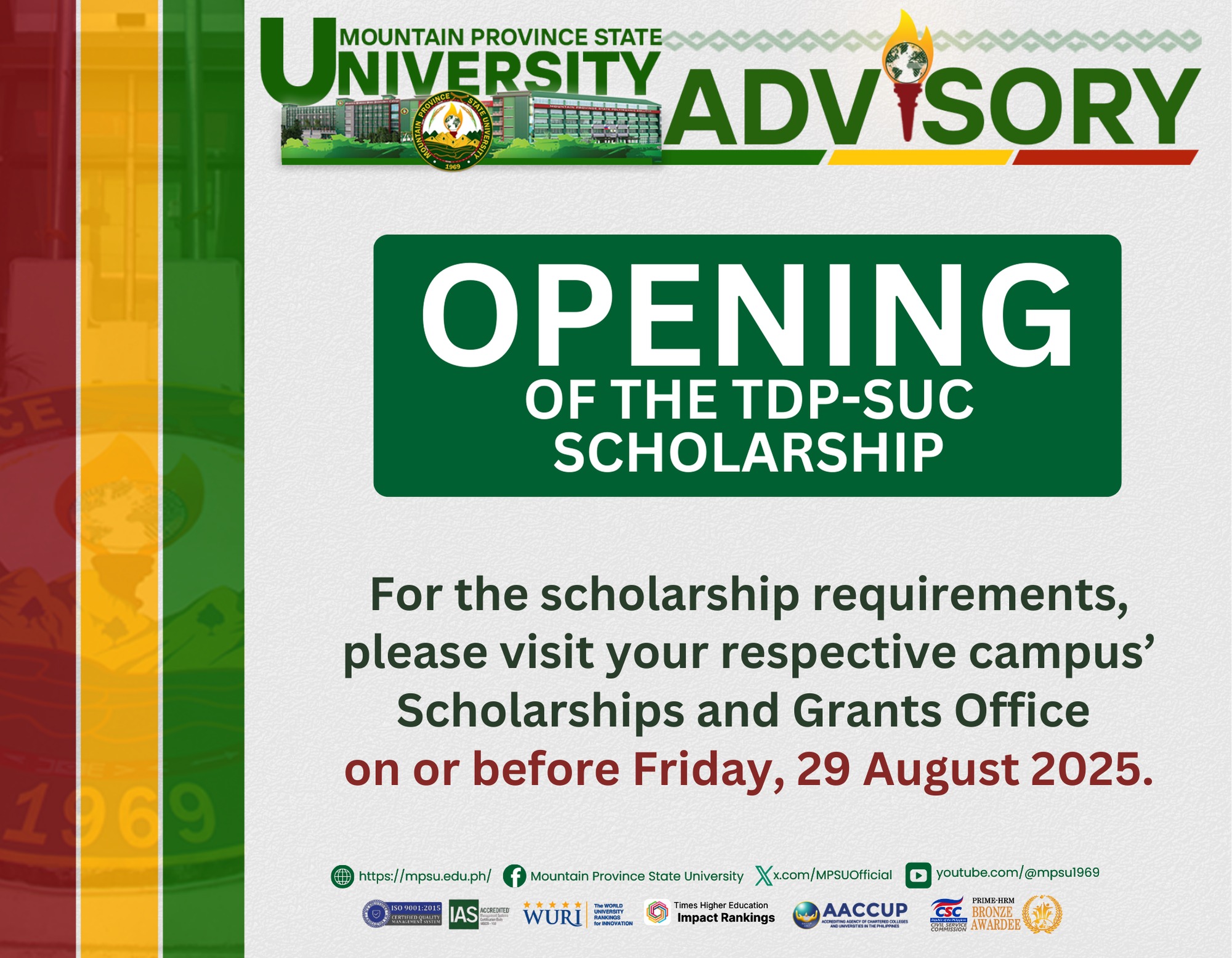 OPENING OF THE TDP-SUC SCHOLARSHIP - Mountain Province State University
